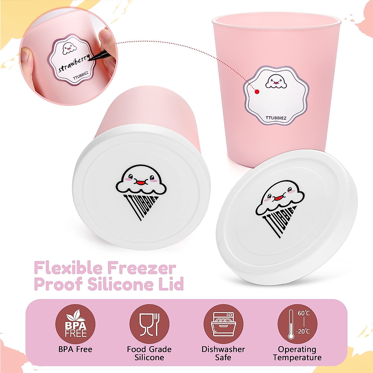 TTUBBIEZ Ice Cream Containers (2 Pack - 1 Quart Each), Ice Cream Containers for Homemade Ice Cream, Ice Cream Storage Containers for Freezer, 1 Quart Freezer Containers for Ice Cream Storage - Pink