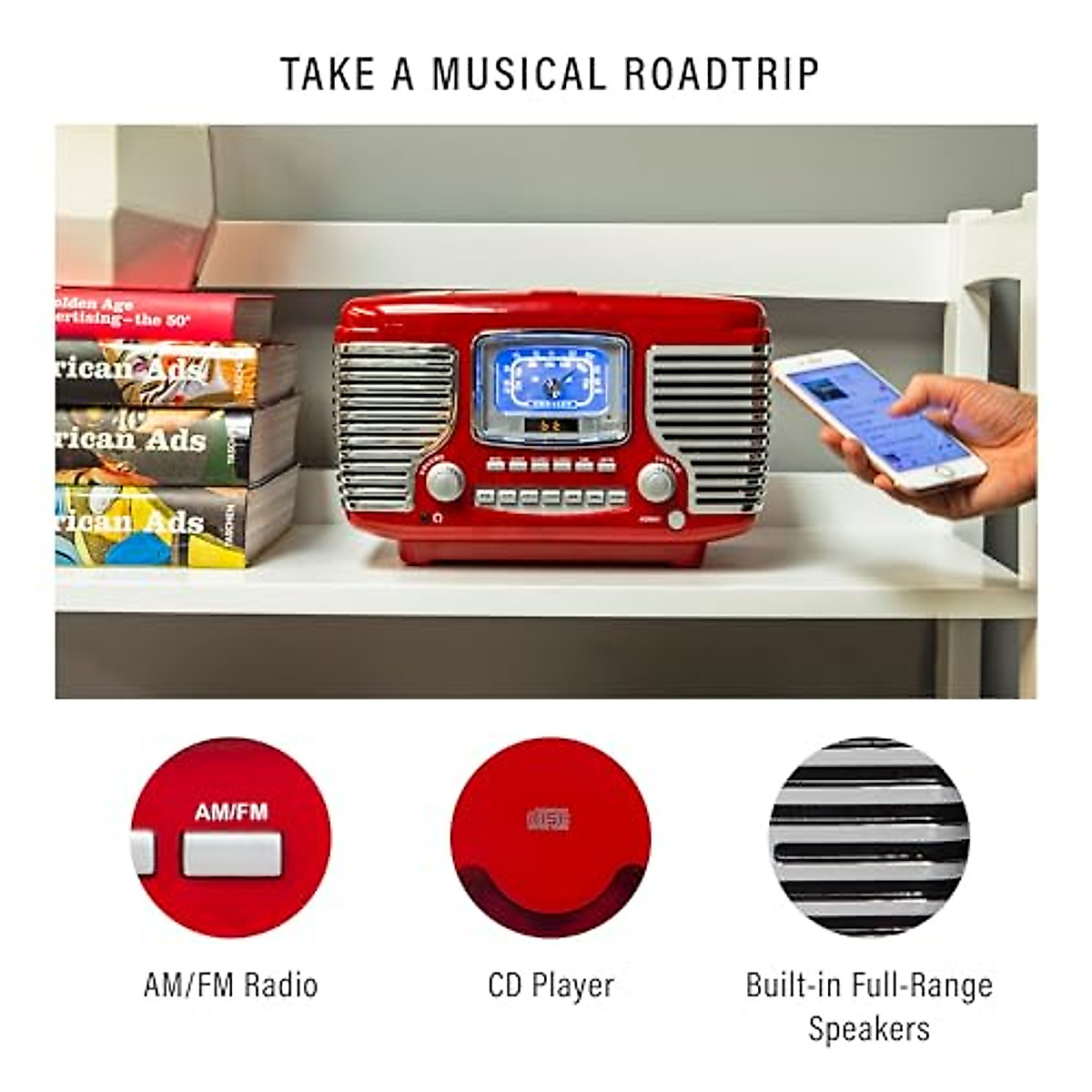Crosley CR612B-RE Corsair Tabletop AM/FM Bluetooth Radio with CD Player and Dual Alarm Clock, Red
