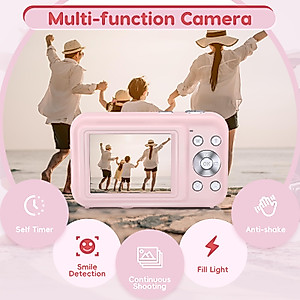 Digital Camera, FHD 1080P Kids Camera 44MP Point and Shoot Camera 16X Zoom Compact Small Photography Camera for Kids with 32G Card & 2 Batteries Portable Camera Gift for Girl Boy Students Teens (Pink)