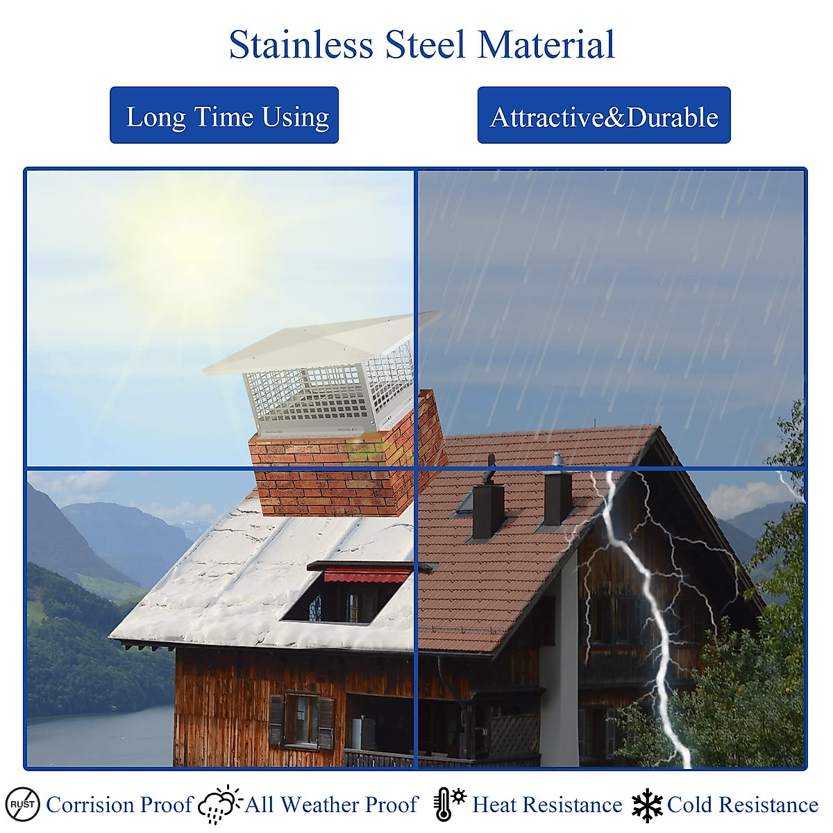 Flieeya Chimney Cap, Stainless Steel Chimney Cap, 17" x 29" Bolt On Single Flue Chimney Cover 304 Stainless Steel Fireplace Chimney Cover Adjustable for Outdoor Masonry Chimney