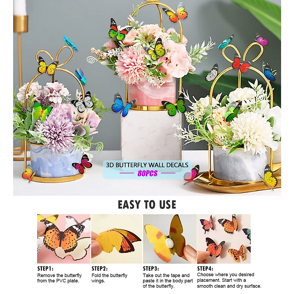 80pcs Butterfly Wall Decor - Plastic Butterflies Wings Foldable Removable Waterproof Reusable Mural Wall Stickers for Home Room Bedroom Nursery Party Wedding Christmas Decorations