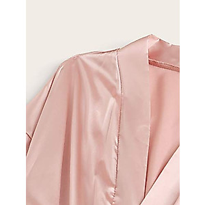 WDIRARA Women' Silk Satin Pajamas Set 4pcs Lingerie Floral Lace Cami Sleepwear with Robe Pink S