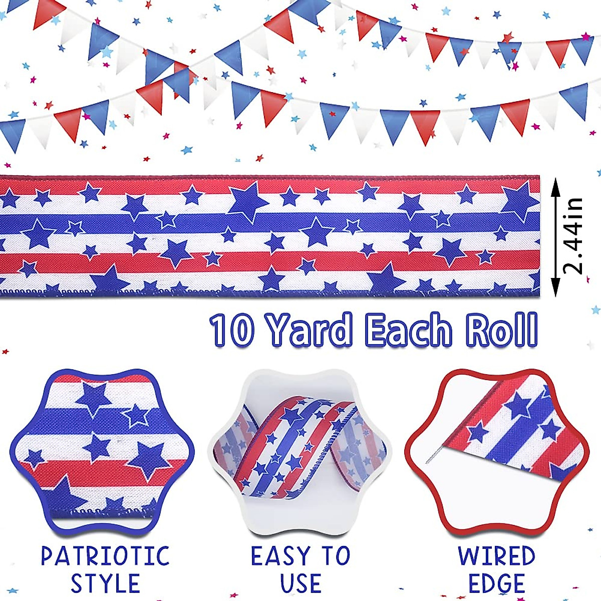 LANGFON 4th of July Fabric Ribbon Patriotic Small Stars Decor Ribbon Strip Burlap Edge Wired Ribbon for Veterans Day Independence Day Gift Wrapping Party Decoration Supplies 10 Yards 2.5 Inch 1 Roll