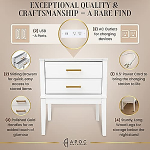 2 Drawer Side Table with Charging Station - Mid Century Modern Nightstand with Polished Gold Handles, 2 USB Ports & 2 Outlets - Multifunctional Smart Bedside Table for Your Home - 24" Tall (White)