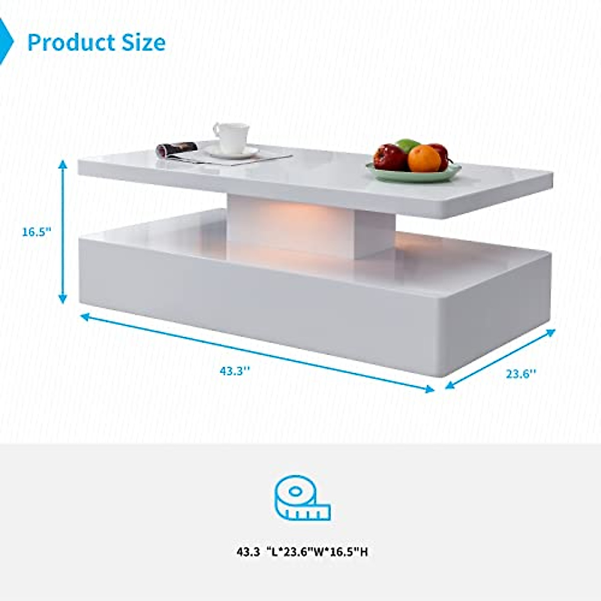 TABU Modern Led Coffee Table, High Gloosy Coffee Table with 12 Colors Lights, Rectangle Smart Table, Living Room Center/End Table with Lights, Living Room Table Furniture (White)