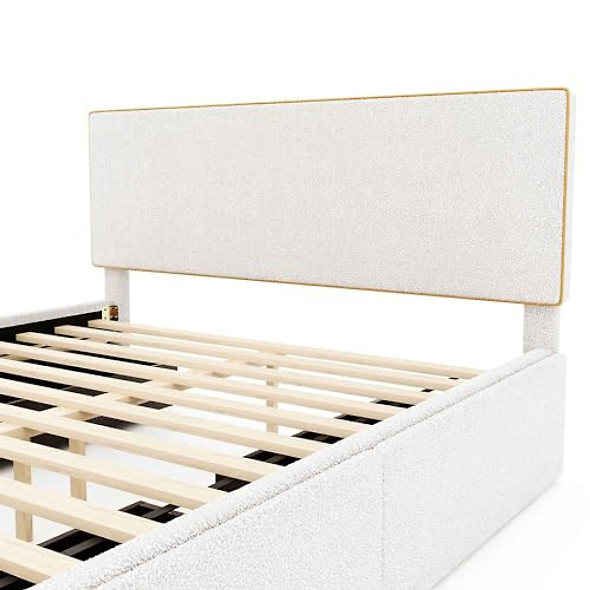 ATY Upholstered Queen Size Bed with 4 Drawers and Headboard, Wood Platform Bedfrme w/Footboard & Storage, Save Space for Bedroom, Livingroom, Guestroom, No Spring Needed Required, White