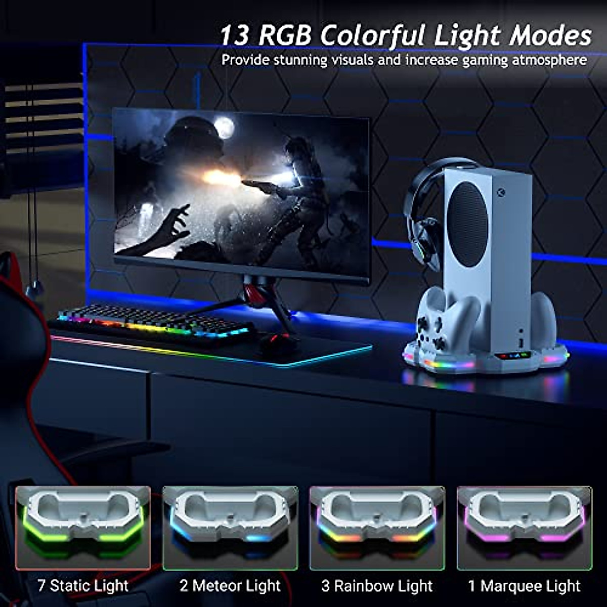 Cooling Stand with Controller Charging Station for Xbox Series S, ZAONOOL Dual Charger Dock & Cooling Fan for Console Accessories with 13 RGB LED Light, 2*Rechargeable Battery, Headset Hook & USB Port