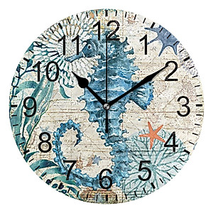 Wamika Wall Clock Ocean, Silent Non-Ticking, 10 Inch Battery Operated Quartz Analog Clock, Nautical Blue Map Sea Life Design, Easy to Read, Ideal for Home, Office, School
