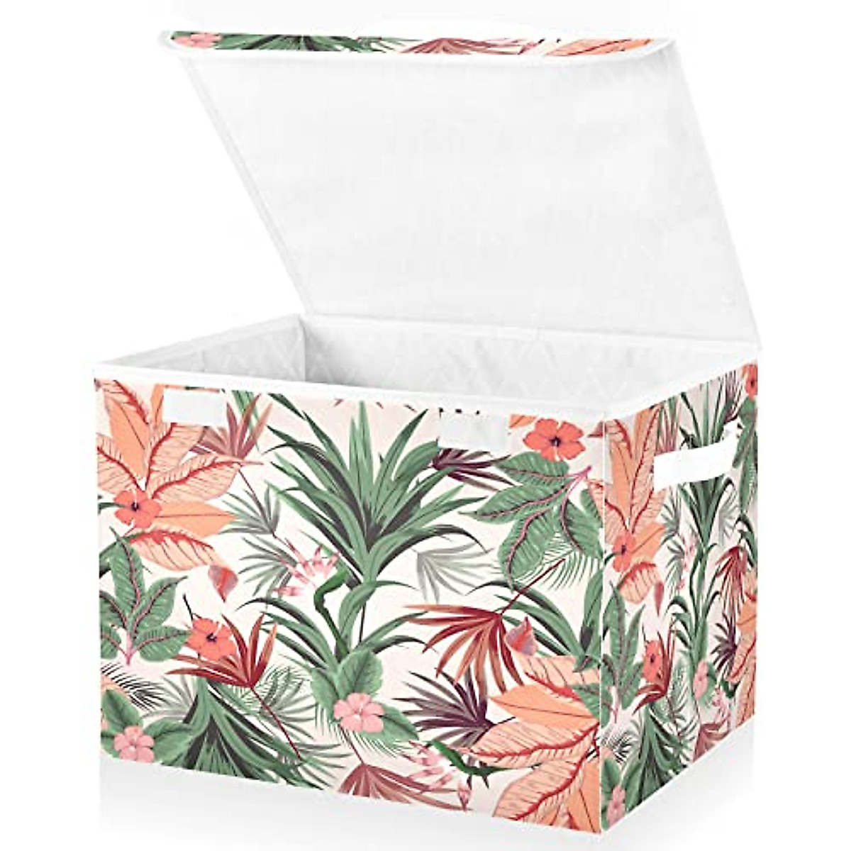 Kigai Palm Flower Storage Basket 16.5x12.6x11.8 In Collapsible Fabric Storage Cubes Organizer Large Storage Bin with Lids and Handles for Shelves Bedroom Closet Office