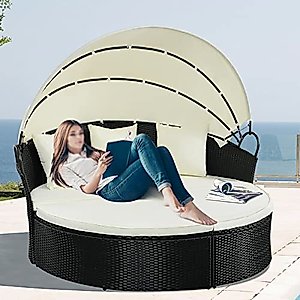 LUKEO Outdoor Patio Sofa Furniture Round Retractable Canopy Daybed Black Wicker Rattan