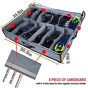 VAKMRVE Under Bed Shoe Storage Organizer,2 Pack Fit 24 Pairs, Underbed Shoe Storage Containers Box Bags with Clear Cover,Reinforced Handles,Sturdy zippers,Breathable Fabric Gray