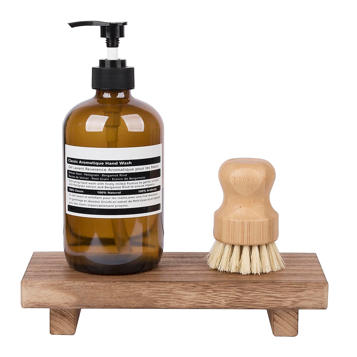 Small Wood Tray Pedestal Stand Farmhouse Bathroom Decor Decorative Wooden Riser Kitchen Soap Dish Holder for Vanity, Counter, Sink, Brown