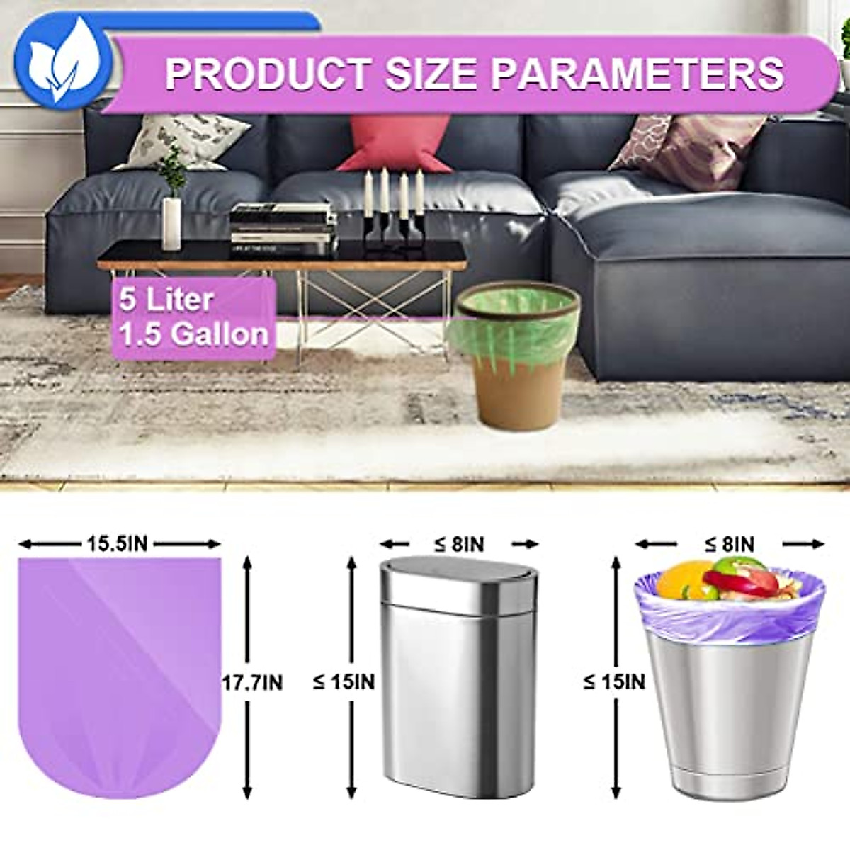 1.5 Gallon Trash Bags Small Bathroom Garbage Bags, Unscented Wastebasket Liners, Strong Kitchen Garbage Bags Colorful Bin Bags for Office, Bedroom,Living Room (5Liter, 120 Counts)