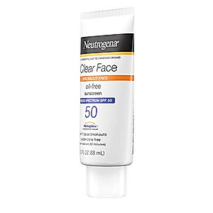 Neutrogena Clear Face Liquid Lotion Sunscreen for Acne-Prone Skin, Broad Spectrum SPF 50 UVA/UVB Protection, Oil-, Fragrance- & Oxybenzone-Free Facial Sunscreen, Non-Comedogenic, 3 fl. oz