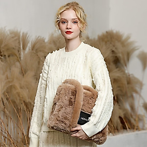 Herald Large Tote Bags For Women Soft Winter Fluffy Fuzzy Furry Plush Top Handle Purse and Handbag With Shoulder Strap (Khaki)