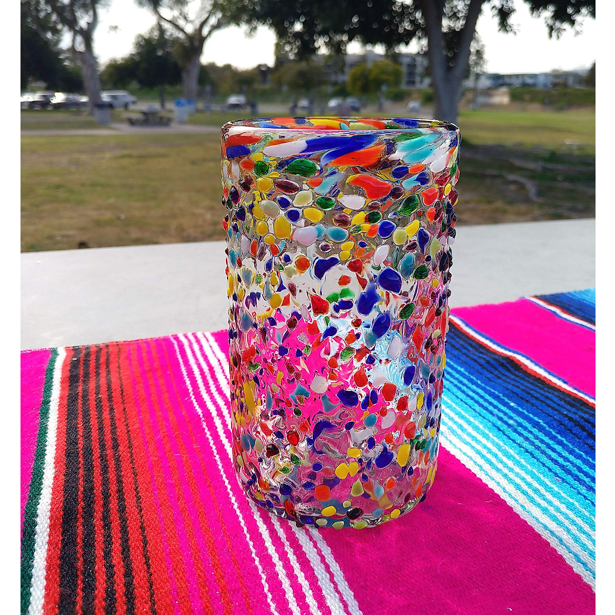 Hand Blown Mexican Drinking Glasses - Set of 6 Confetti Rock Design Glasses (14 oz each)