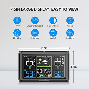 Newentor Weather Station Wireless Indoor Outdoor Thermometer, 7.5in Large Display Atomic Weather Clock, Temperature Humidity Monitor with Moon Phase, Weather Forecast and Barometric Pressure, Black