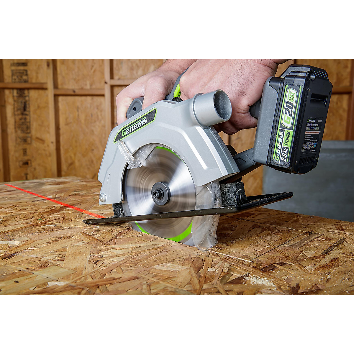 Genesis G20MAX 20V Cordless Circular Saw 6-1/2 inch with Laser & LED Light, Includes 24TCT thin-kerf blade, 2.0Ah Battery and Charger, 2 Year Warranty (GLCS2065B)