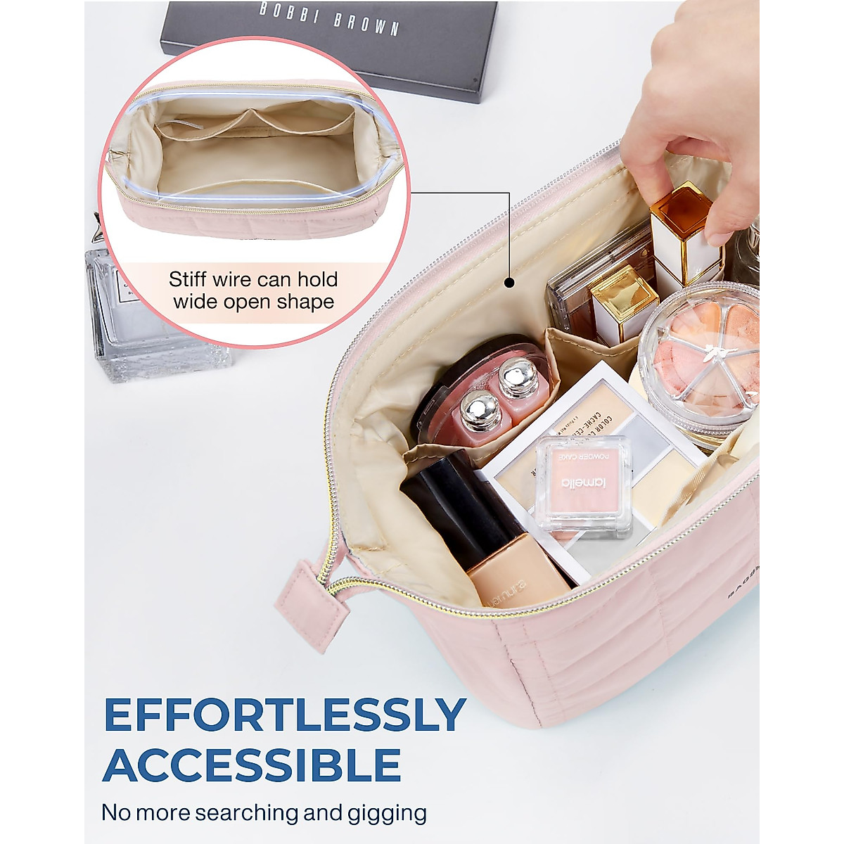 BAGSMART Makeup Bag Travel Cosmetic Bag, Puffy Padded Make Up Bags for Women Makeup Organizer Case, Wide-open Pouch Purse Travel Essentials Toiletries Accessories Brushes, Pink