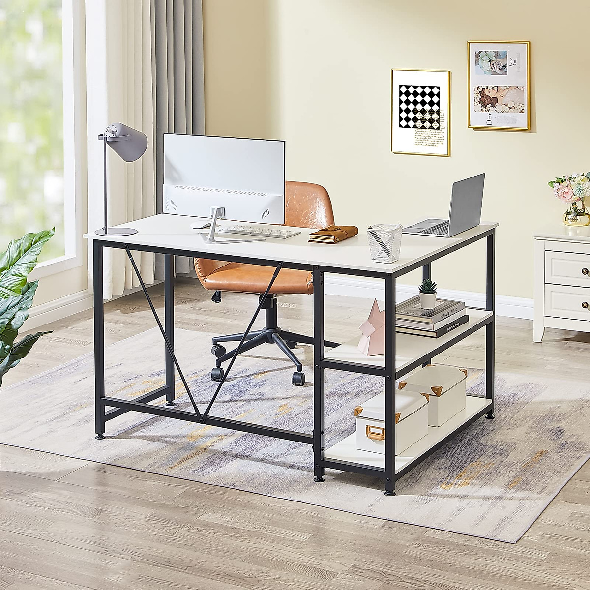 GreenForest Small L Shaped Desk 47 inch l Desk with Storage Shelf Writing Corner Computer Desk Saving Space for Home Office PC Workstation Laptop Table, White