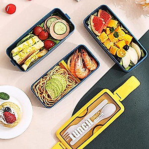 Rarapop 2 Pack Stackable Bento Lunch Box Kit for Kids, 3-In-1 Compartment Wheat Straw Lunch Containers with Tableware, Reusable On-the-Go Meal and Snack Containers (Green,Blue)