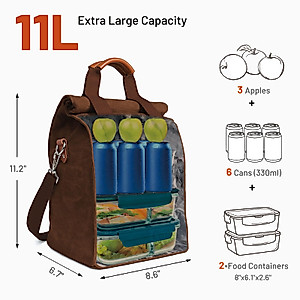 Corebes Insulated Lunch Bag for Men/Women, 11L Waxed Canvas Lunch Box with Adjustable Shoulder Strap & Double Hook-and-Loop Handles for Work Picnic Hiking Brown