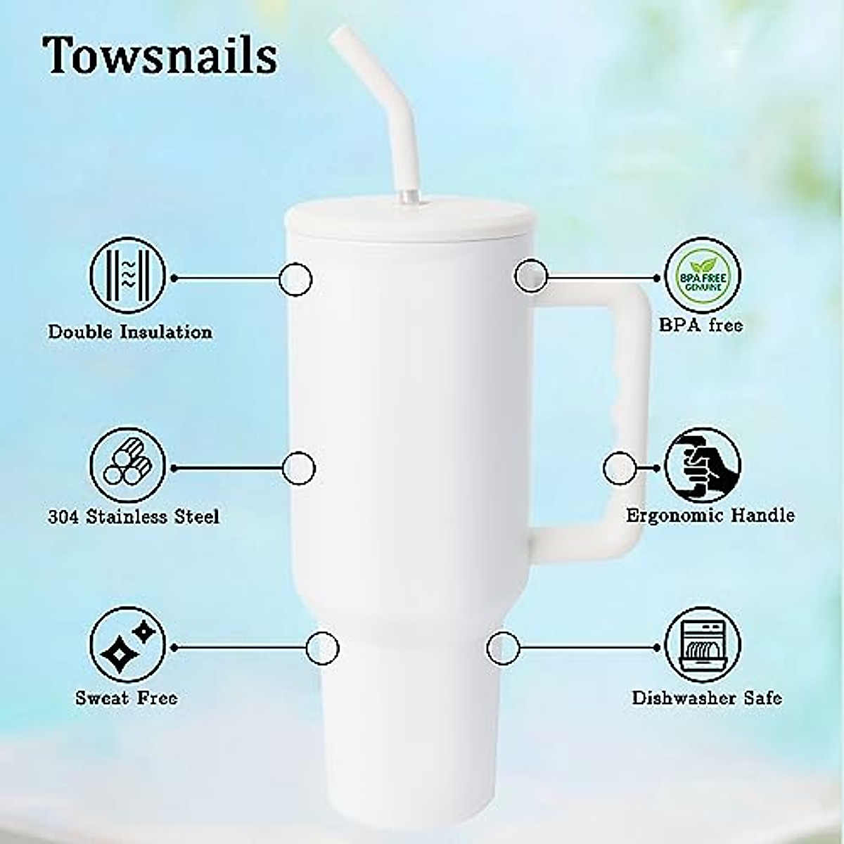 Towsnails 40oz sublimation tumbler with Handle | Leak-proof Lid and Straw | Insulated Coffee Mug Stainless Steel Travel Mug | Modern Insulated Tumblers Cupholder Friendly (2PACK/ White