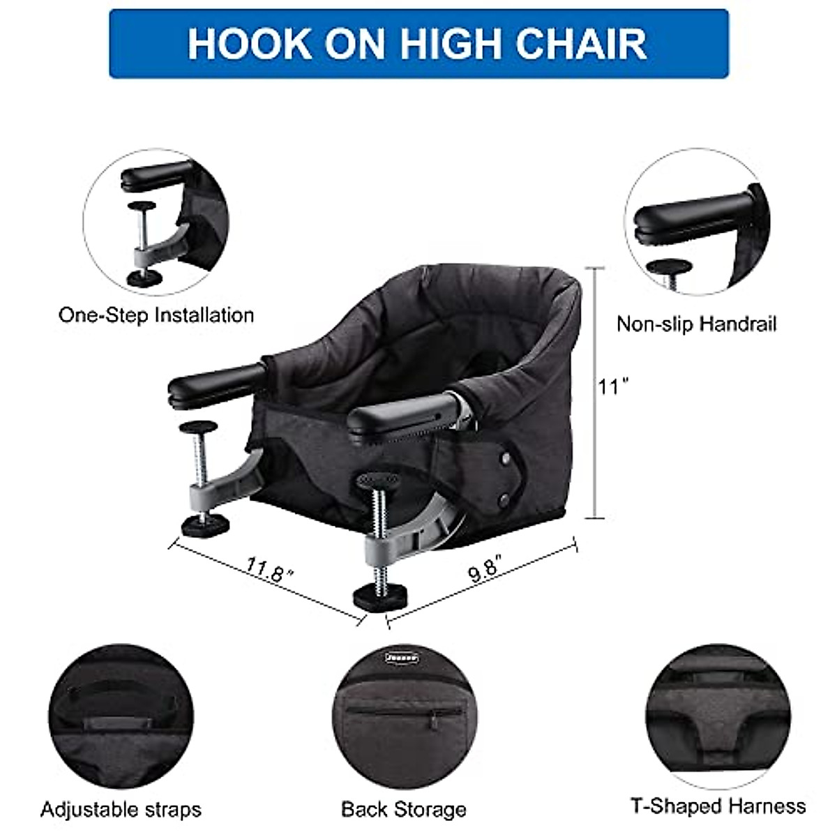 Hook On High Chair, Jozzve Baby High Chair, Portable High Chair for Travel, Foldable Fast Table Chair with Storage Bag, Baby Feeding Seat Clip On High Chair for Home and Travel (Black)