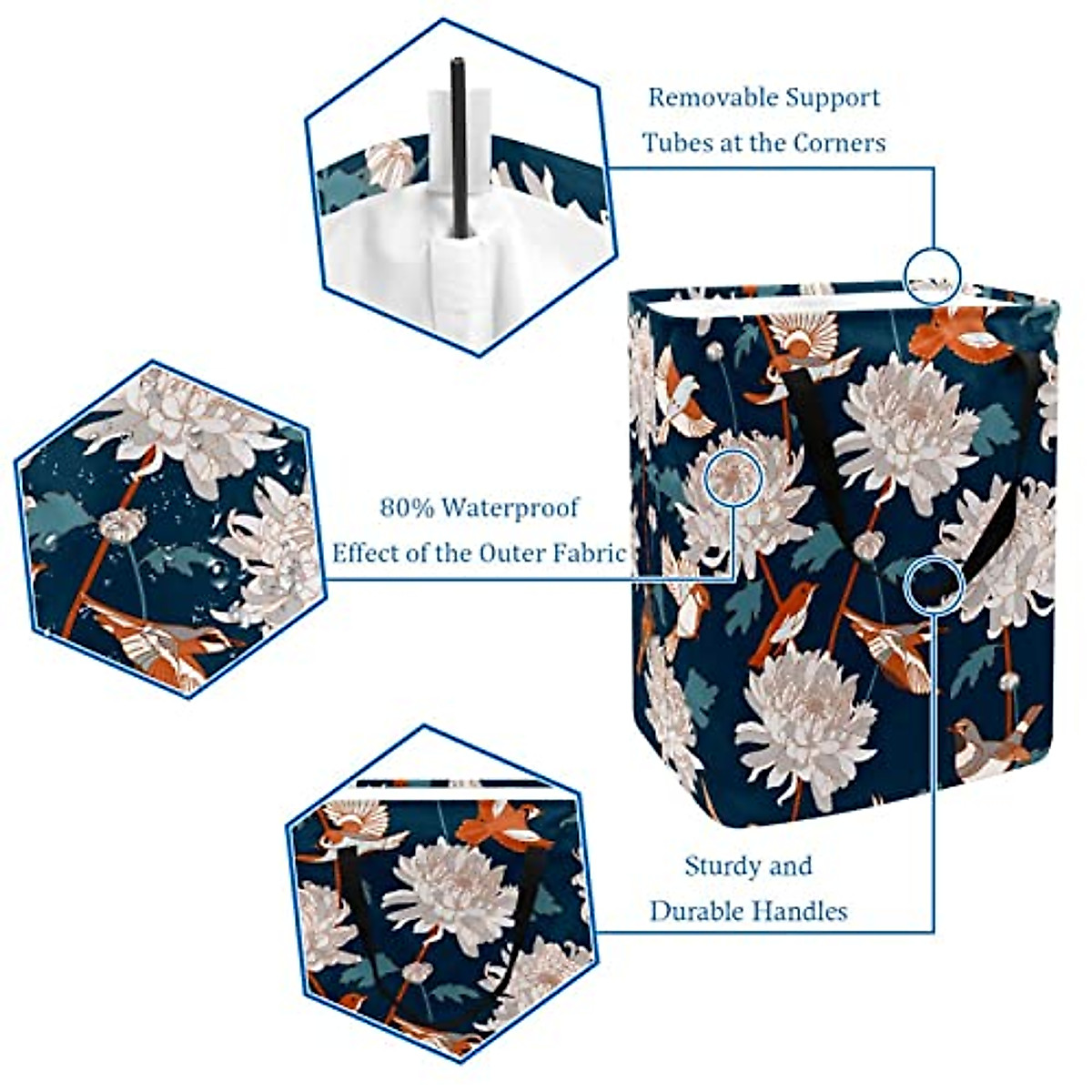 Flying Birds on Chrysanthemum Print Collapsible Laundry Hamper, 60L Waterproof Laundry Baskets Washing Bin Clothes Toys Storage for Dorm Bathroom Bedroom