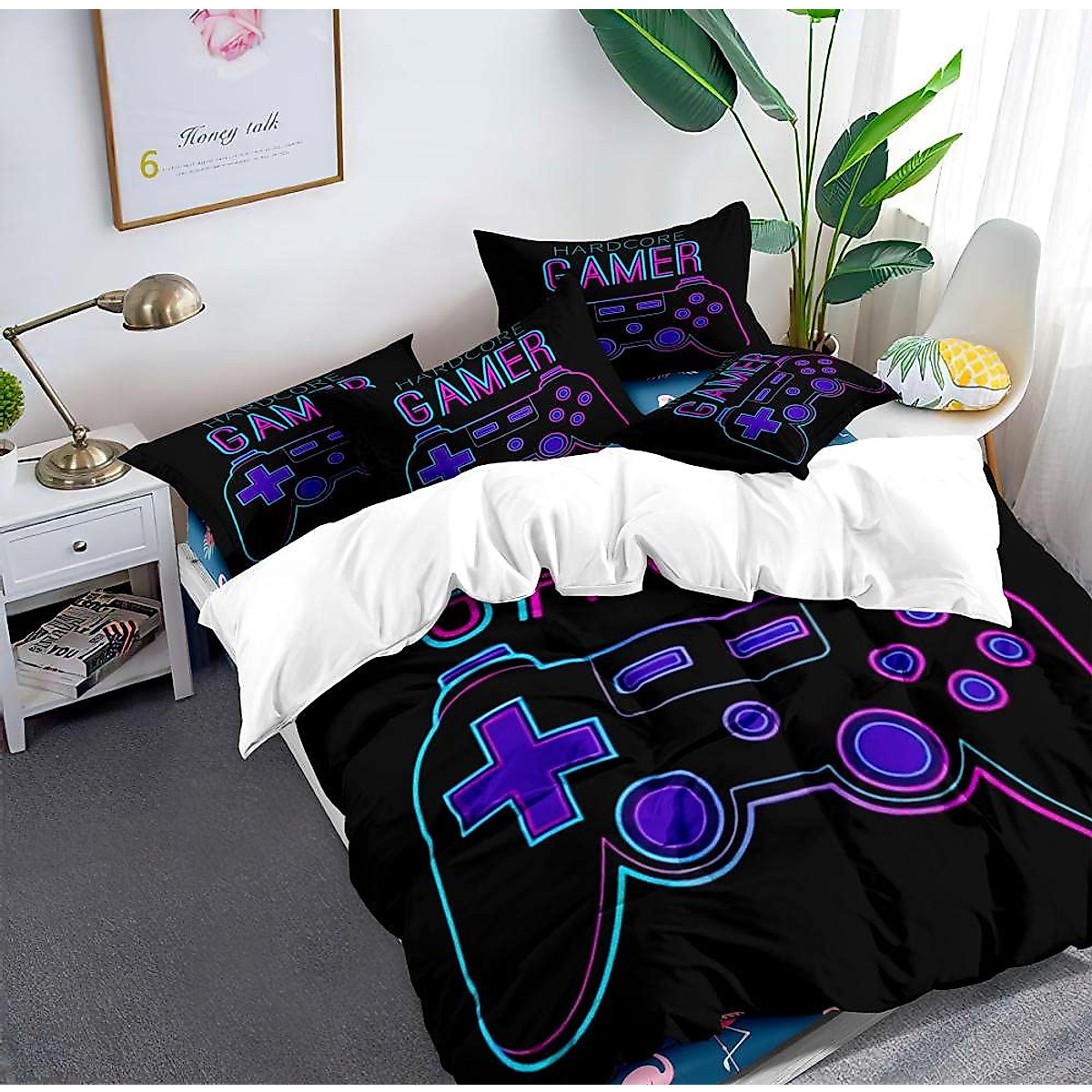 OUJIE 3D Modern Video Game Controller Duvet Cover 200 x 200 cm Single Light Button Bedding Set Creative Gamer Gamepad Zip Closure with 2 Pillowcases for Bedroom Decoration
