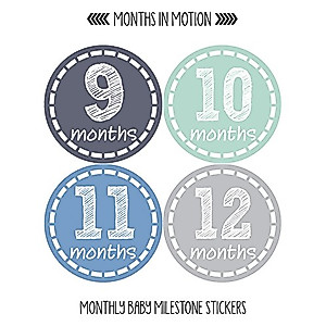 Months in Motion Baby Monthly Stickers - Baby Milestone Stickers - Newborn Boy Stickers - Month Stickers for Baby Boy - Baby Boy Stickers - Newborn Monthly Milestone Stickers (12 Count)