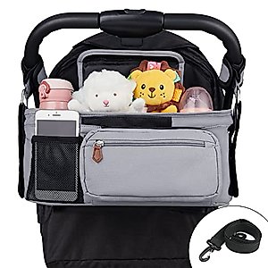 Sunkorto Stroller Organizer with Cup Holder, Universal Stroller Caddy Accessories Baby Stroller Bag Organizer with Detachable Zippered Pocket Non-Slip Straps, Fits For any Stroller - Gray