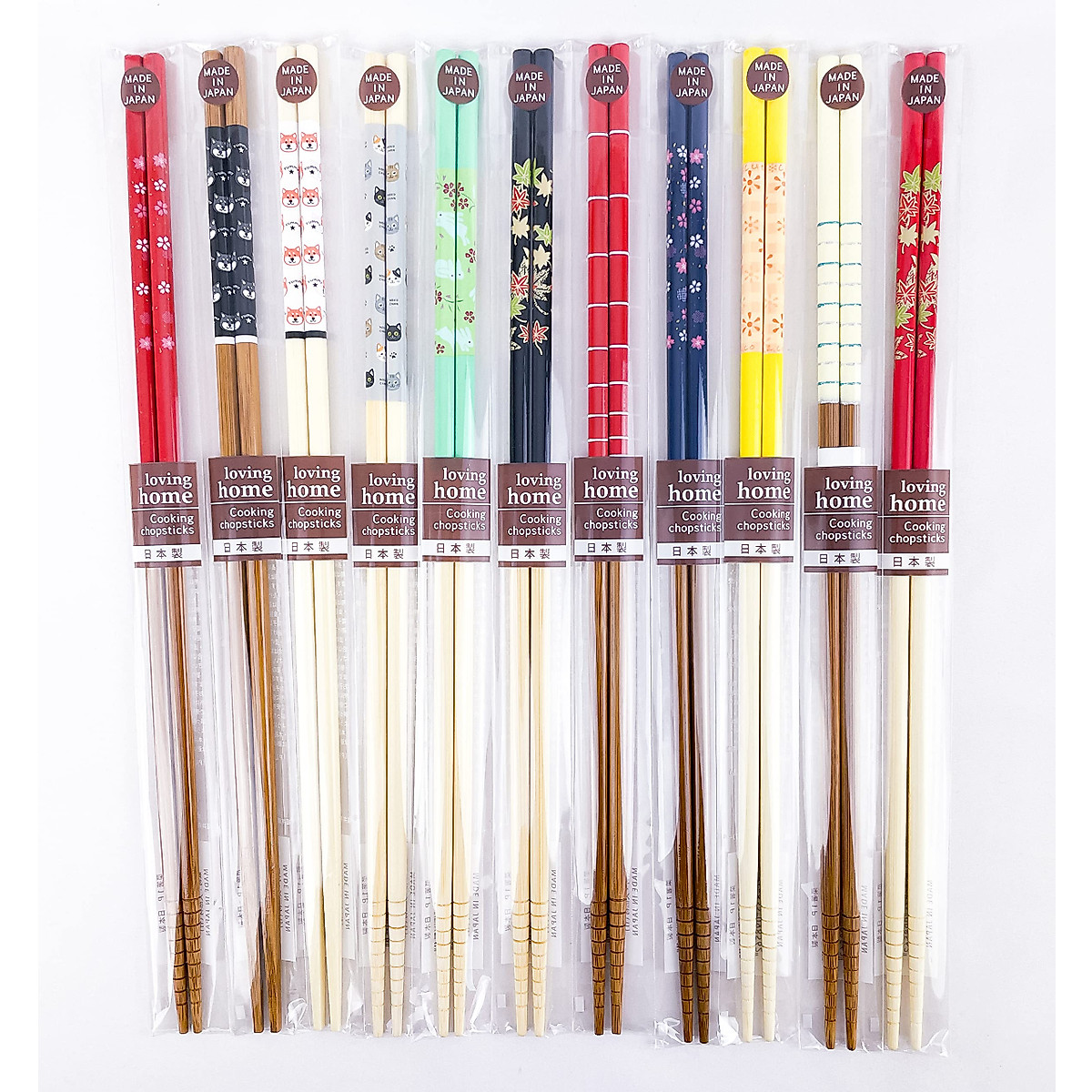 Set of 3 Assorted Cooking Chopsticks, Made in Japan, Natural Bamboo Saibashi, 13inches, Cute Shiba Inu Pattern, Traditional Japanese pattern, Simple Modern Pattern, Colorful Pattern