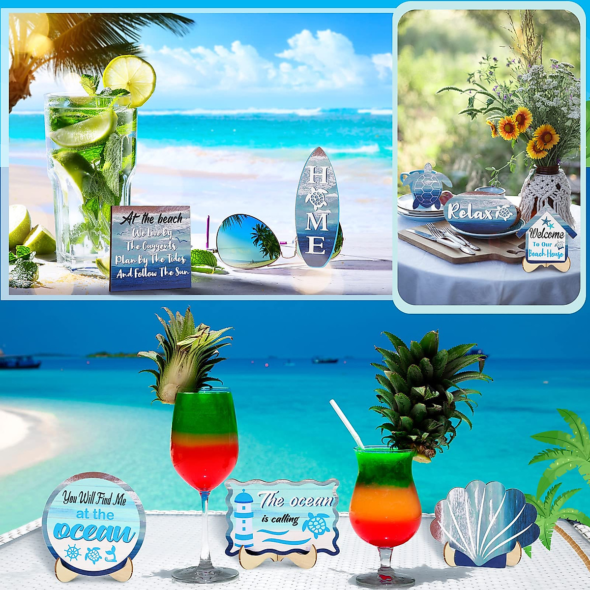 Maitys 21-Piece Hello Summer Beach Tiered Tray Decor Set - Wooden Sea Turtle Tabletop Items - Graduation & Summer Party Decoration