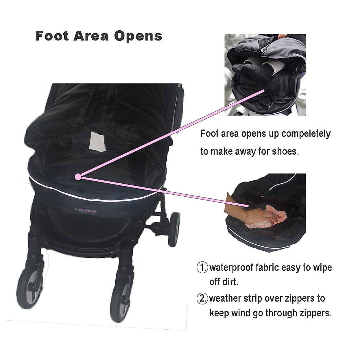 German Designed Universal Stroller Footmuff, 2 Way Zippers Style Easy for Baby in&Out, Length Extensible,Temperature Adjustable Footmuff Fits Baby Growth,Reflective Strips Around Bunting Bag