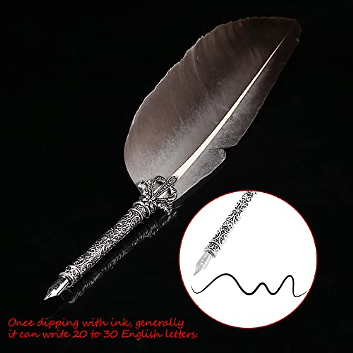 Restokki Feather Pen and Ink Bottle Set, Feather Pen Calligraphy Set, Stationery Gift Box with 5 Nibs Pen Stand Base, Luxury Vintage Signature Pen(Black)