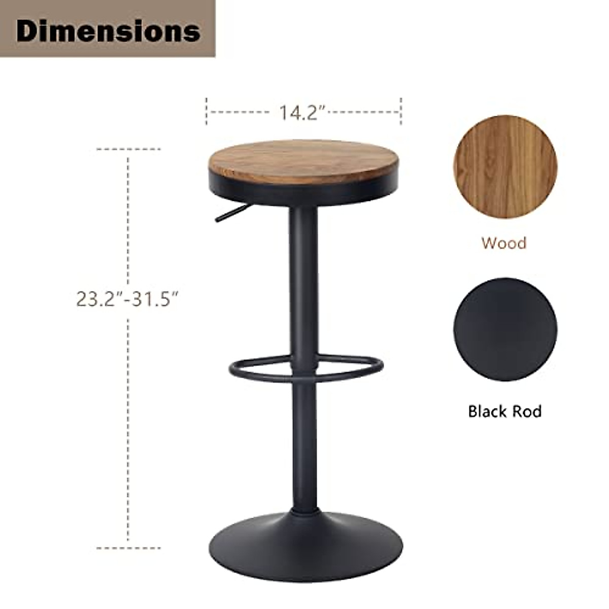 YOUNUOKE Bar Stools Set of 2 Round Adjustable Swivel Counter Height Barstool Backless Wood and Metal Bar Stools with Footrest Modern Bar Chair for Kitchen Counter Island