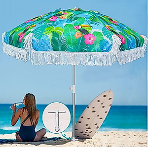 AMMSUN 6.5ft Heavy Duty HIGH Wind fringe Beach Umbrella with sand anchor & Tilt Sun Shelter , UV 50+ Sun Protection Outdoor Sunshade Umbrella with Carry Bag for Patio Garden Beach Pool Backyard Sports Multicolor Green