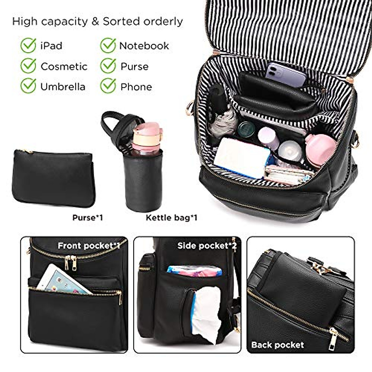 I IHAYNER Diaper Bag Backpack Leather Backpack for Women Travel Backpack Baby Bag Large with Troller Straps Capacity for Wet Clothes, Breast Pump, Milk Bottle Brown