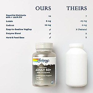 Solaray Once Daily Adult 50+ Complete Multivitamin for Women & Men, Essential Vitamins & Chelated Minerals for Healthy Energy, Heart, Brain & Immune Support, With CoQ10 & Lutein, Iron Free, 90 VegCaps