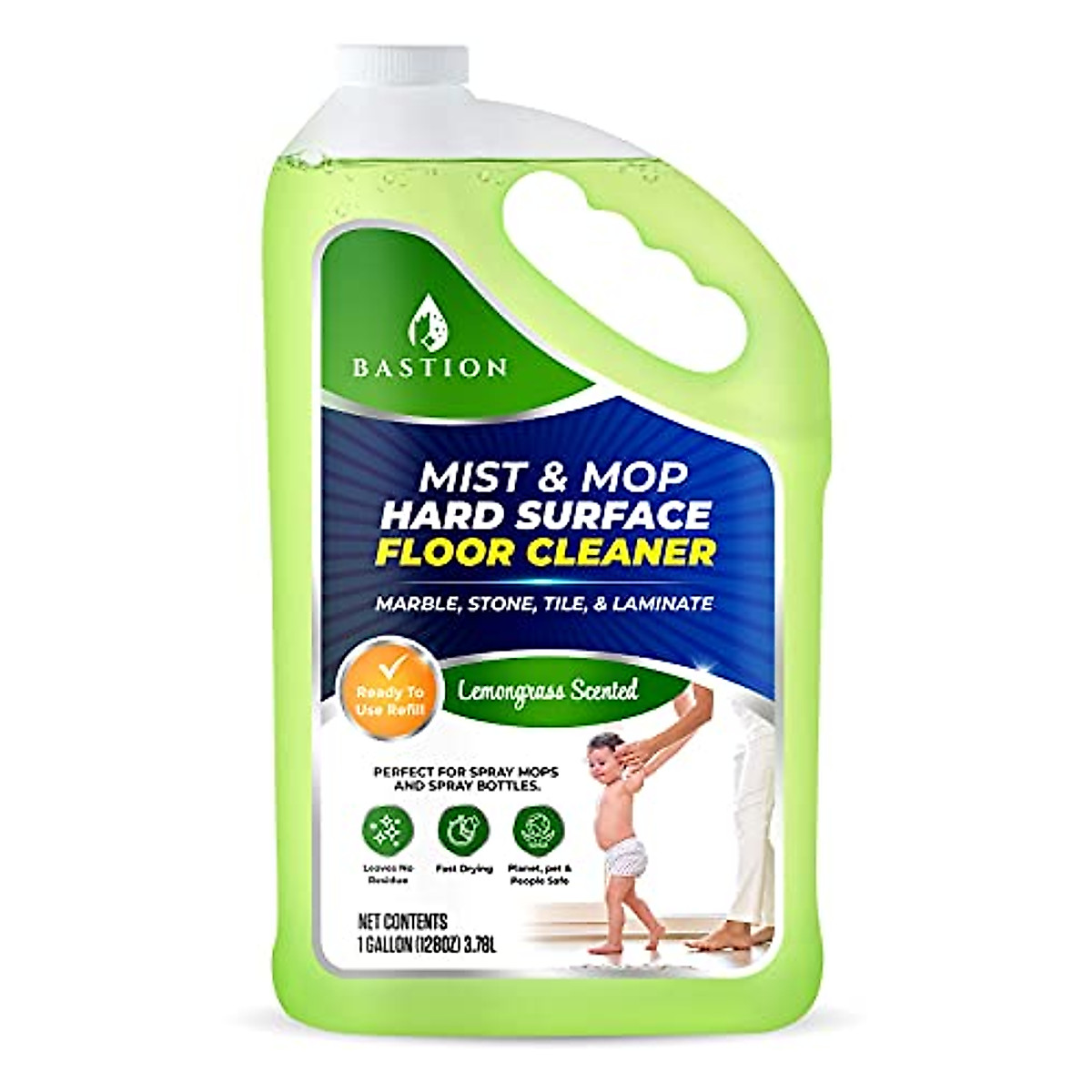 Hard Surface Liquid Floor Cleaner Solution Mist & Mop Ready-To-Use for Marble, Stone, Granite, Tile, Vinyl, Laminate, Linoleum - Multi-use - Safe, Gentle, & Natural - Removes Dirt, Stains, & Odors - Lemongrass Scent, 1 Gallon (128 oz.)