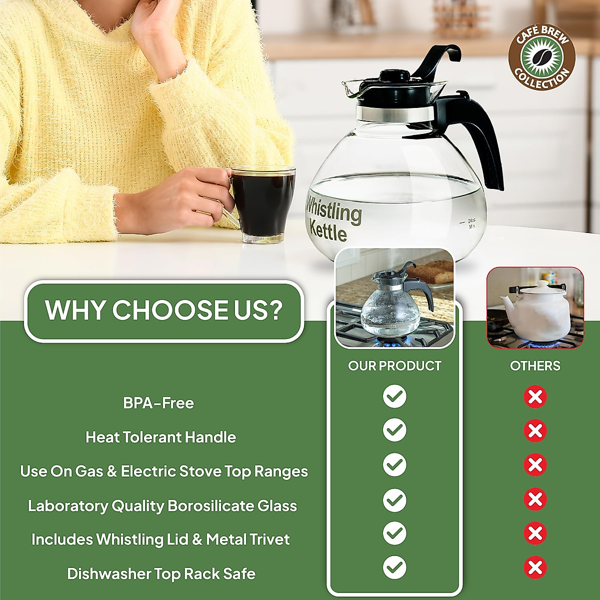 CAFÉ BREW COLLECTION Borosilicate Glass Stove Top Whistling Tea Kettle - Best BPA Free Whistling Tea Kettle - Best Glass Tea Kettle - 12 Cup Stovetop Glass Whistling Tea Kettle by Medelco