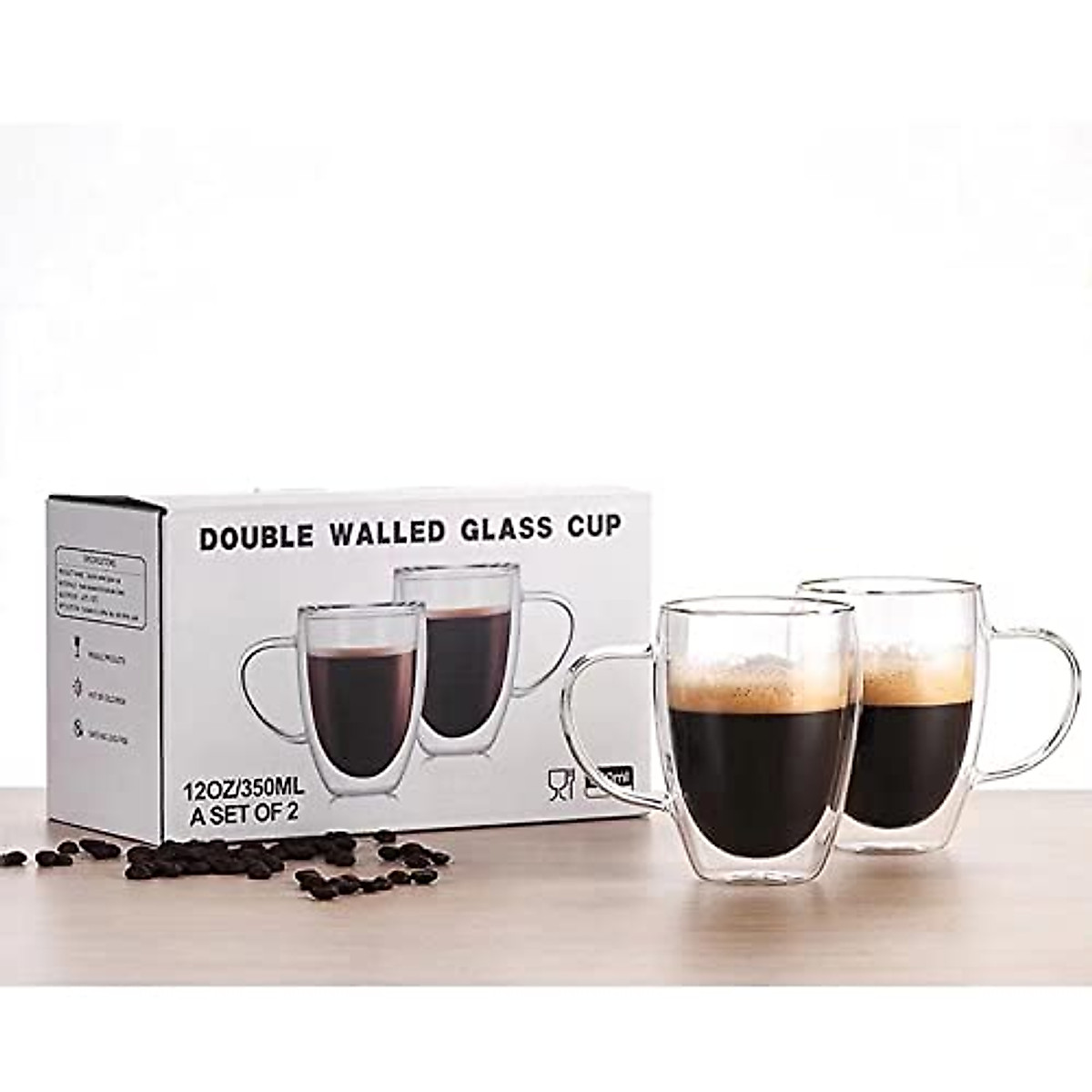 Douria Double Walled Glass Coffee Mugs, Clear Espresso Cups, Coffee tea Mugs Set, Iced Coffee Cup, Glass Mugs for Hot Beverages, Premium Glasses Set, Each 350ml (12Ounces./Set of 2)