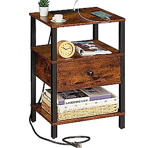 Lerliuo Nightstand with Charging Station and USB Ports, 3-Tier Storage End Table with Drawer Shelf, Night Stand for Small Spaces, Wood Bedside Table for Living Room, Bedroom - Retro Brown