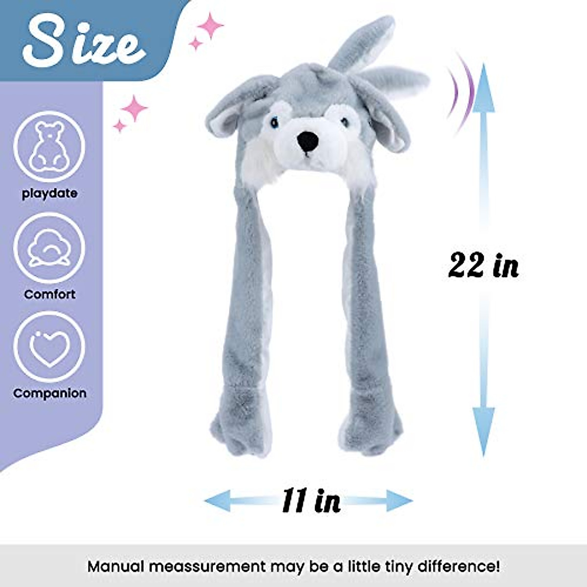 Hopearl Husky Hat with Ears Moving Jumping Pop Up Beating Hat Plush Holiday Cosplay Dress Up Funny Gift for Kids Girls, Gray, 22''