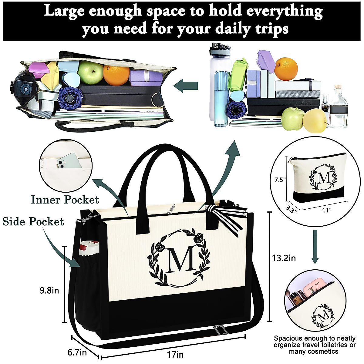 YOOLIFE Bridesmaid Proposal Gifts for Women, Retirement Mom Teacher Gifts Initial Tote Bag Beach Makeup Bags for Women Personalized Wedding Bridesmaid Girlfriend Aunt Birthday Gifts for Women Letter F