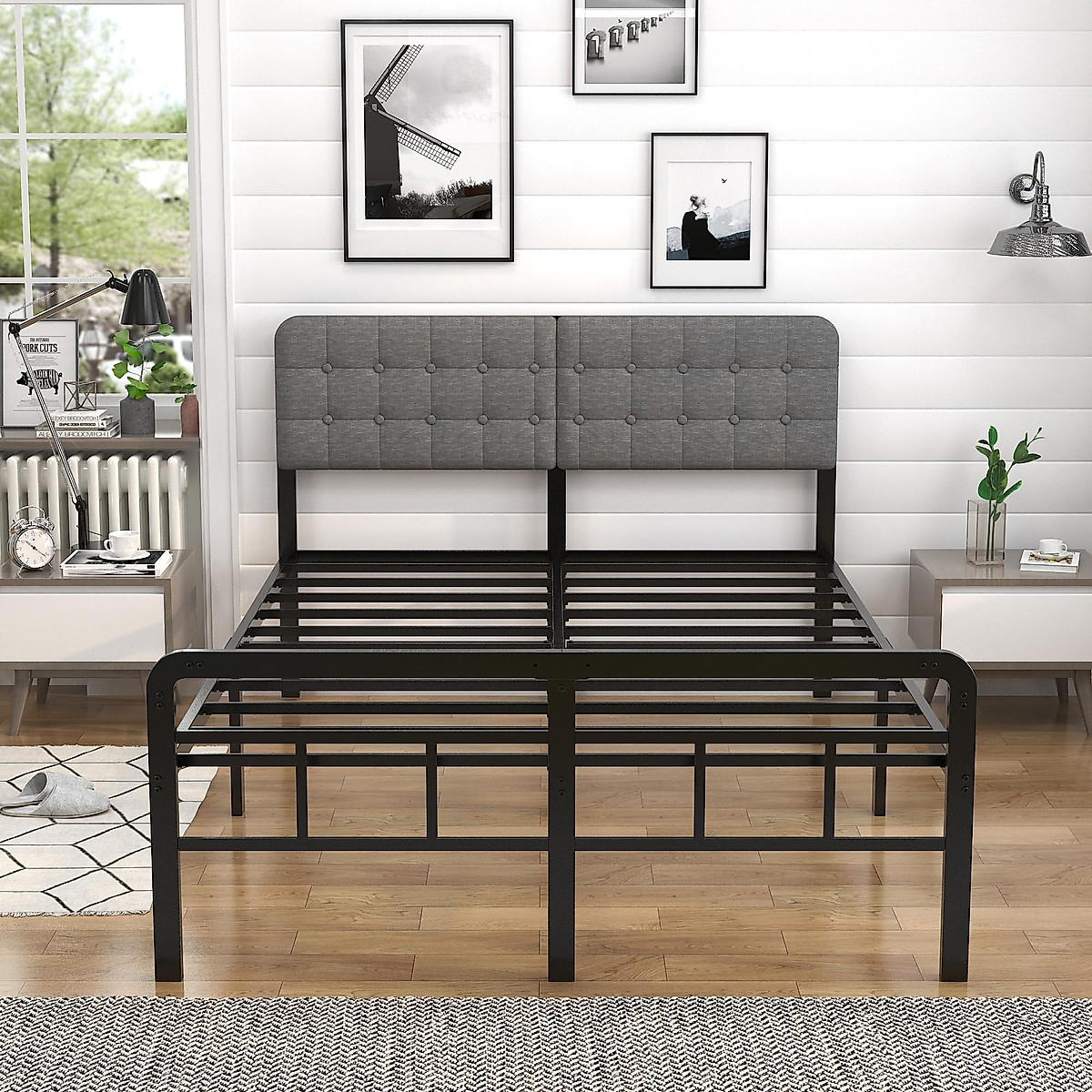 EMODA 16 Inch King Size Bed Frame with Upholstered Headboard and Metal Footboard, Heavy Duty Metal Slats Support Mattress Foundation, No Box Spring Needed, Easy Assembly