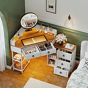 Lvifur Corner Vanity Desk with Mirror and Lights,White Corner Makeup Vanity with Charging Station, 3 Color Led Light Settings, 5 Drawers, and Open Shelves for Bedroom, Women, and Girls