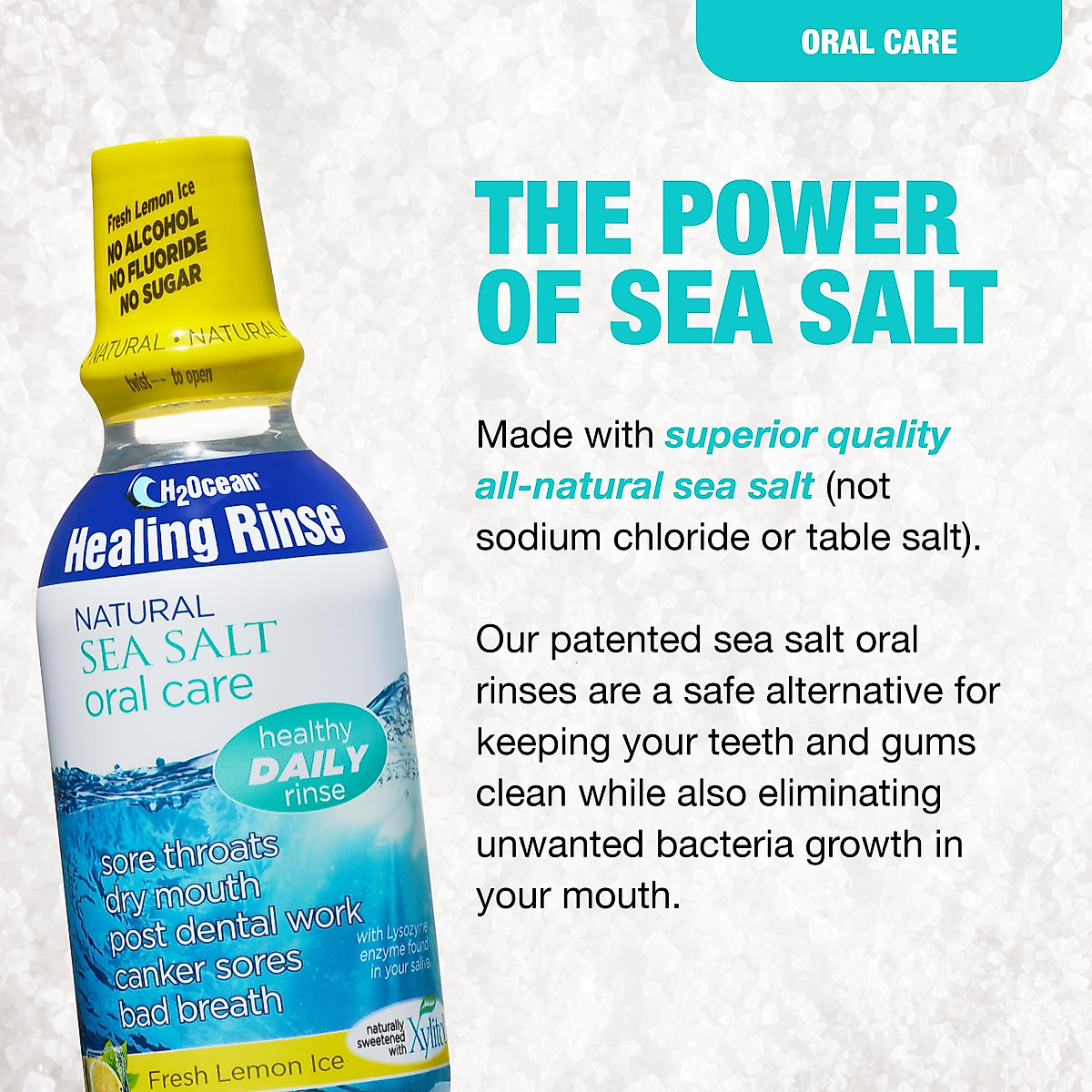 H2Ocean Healing Rinse Natural Sea Salt Oral Care - Mouth Rinse for Oral Care - Great for Piercings, Sore Throats & Gum Health - Alcohol- & Fluoride-Free Mouthwash - Lemon Ice, 16 oz