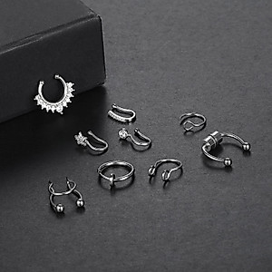 ChiMunllin 9PCS Faux Nose Septum Fake Nose Rings Fake Nose Piercing Studs Rings Stainless Steel Faux Nose Hoop Rings Non Piercing Jewelry for Women Men